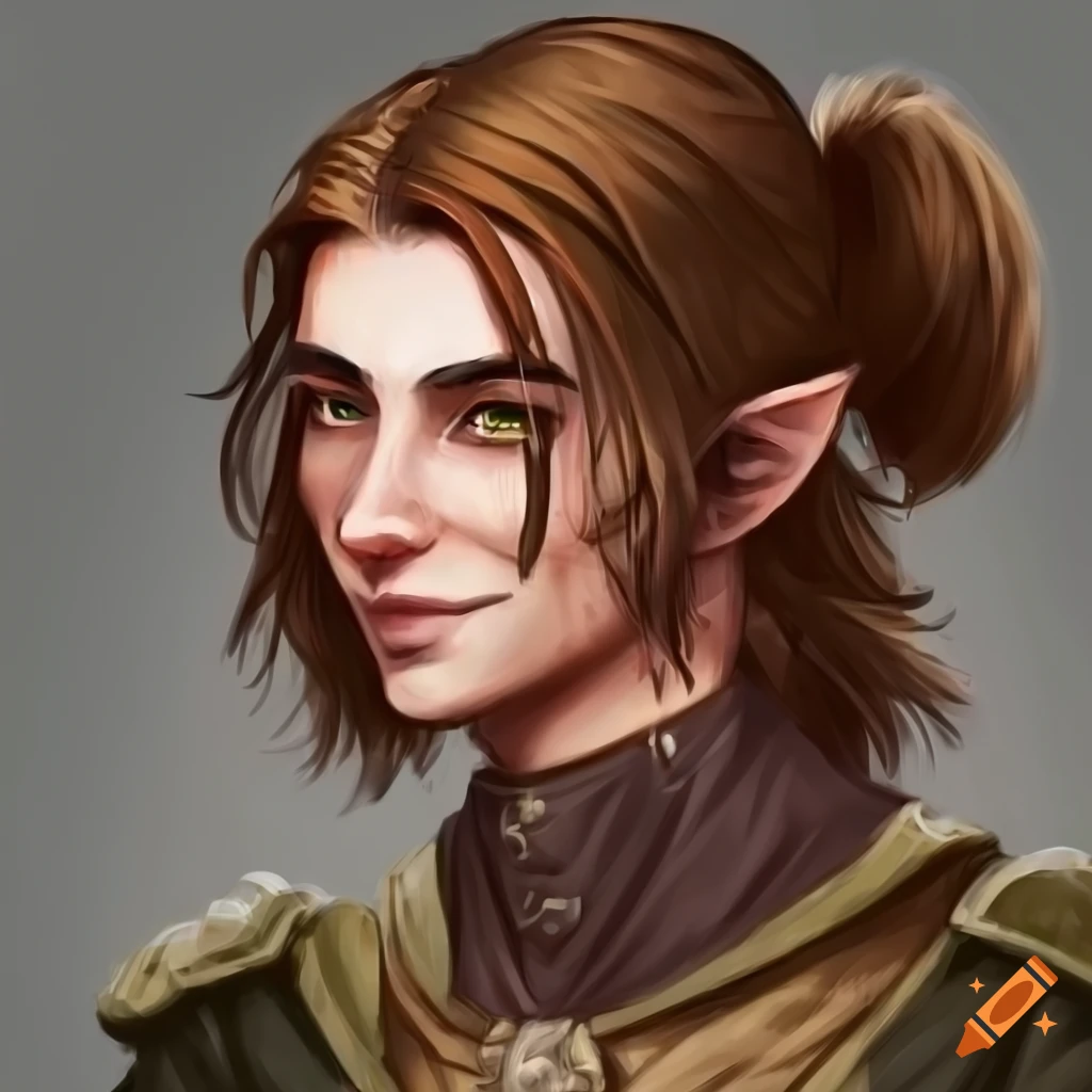 Handsome medieval bard with green eyes and a brown ponytail