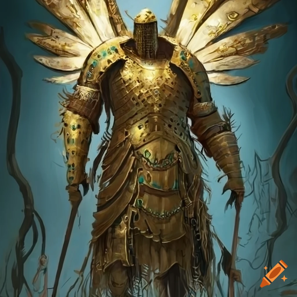 Giant in gold tribal armor inspired by marc simonetti