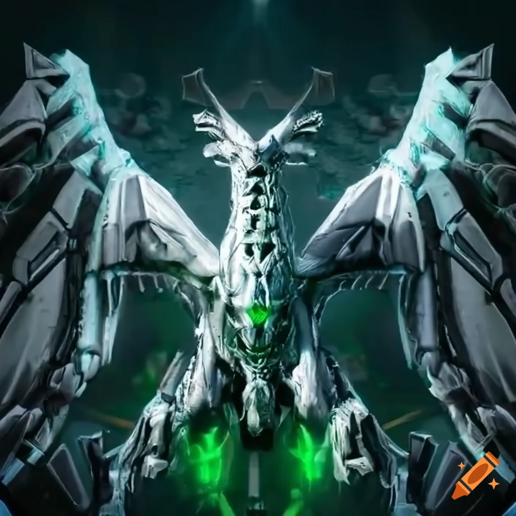 White robot dragon with green accents in a sci-fi setting