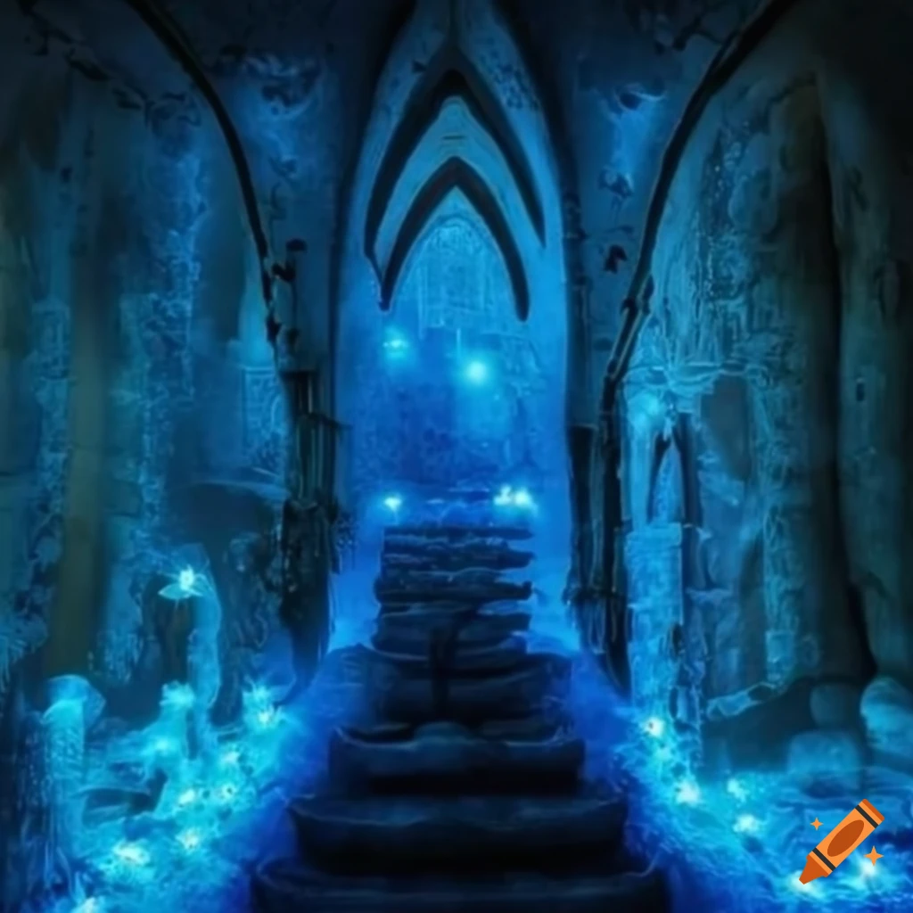 Magic-themed interior of a spooky castle with glowing blue mushrooms on ...