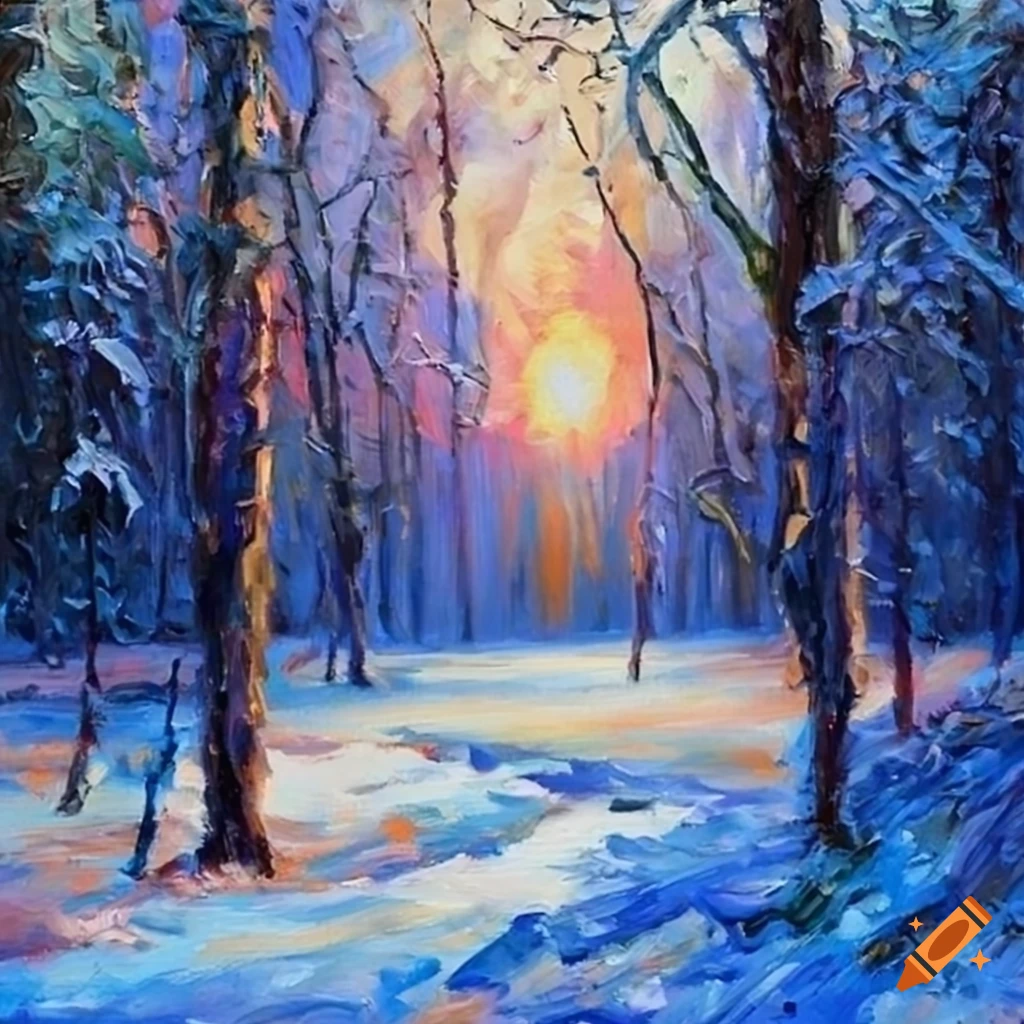 Impressionist oil painting of a wintery forest during solstice on Craiyon