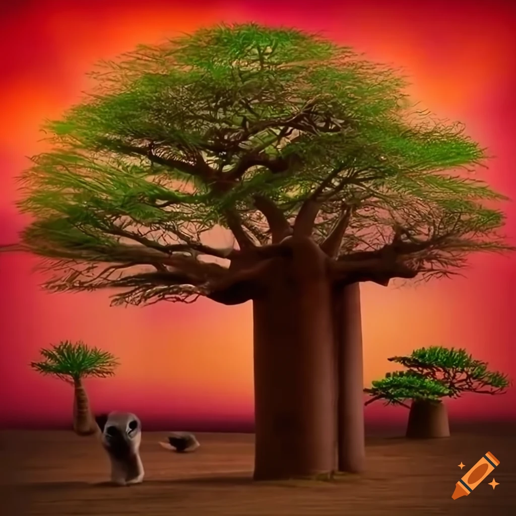 Lemurs with Christmas tree and cacao pods in vibrant baobab tree ...