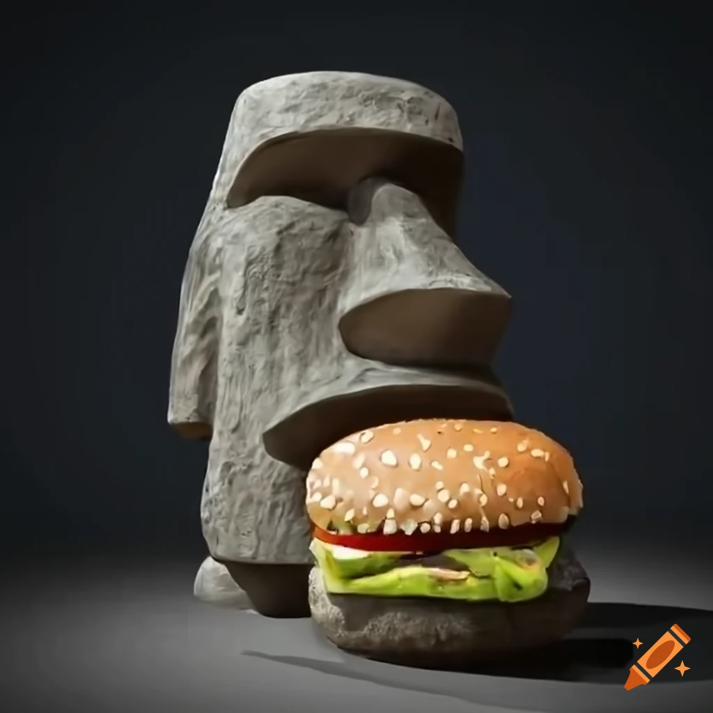 Moai statue enjoying a burger meal