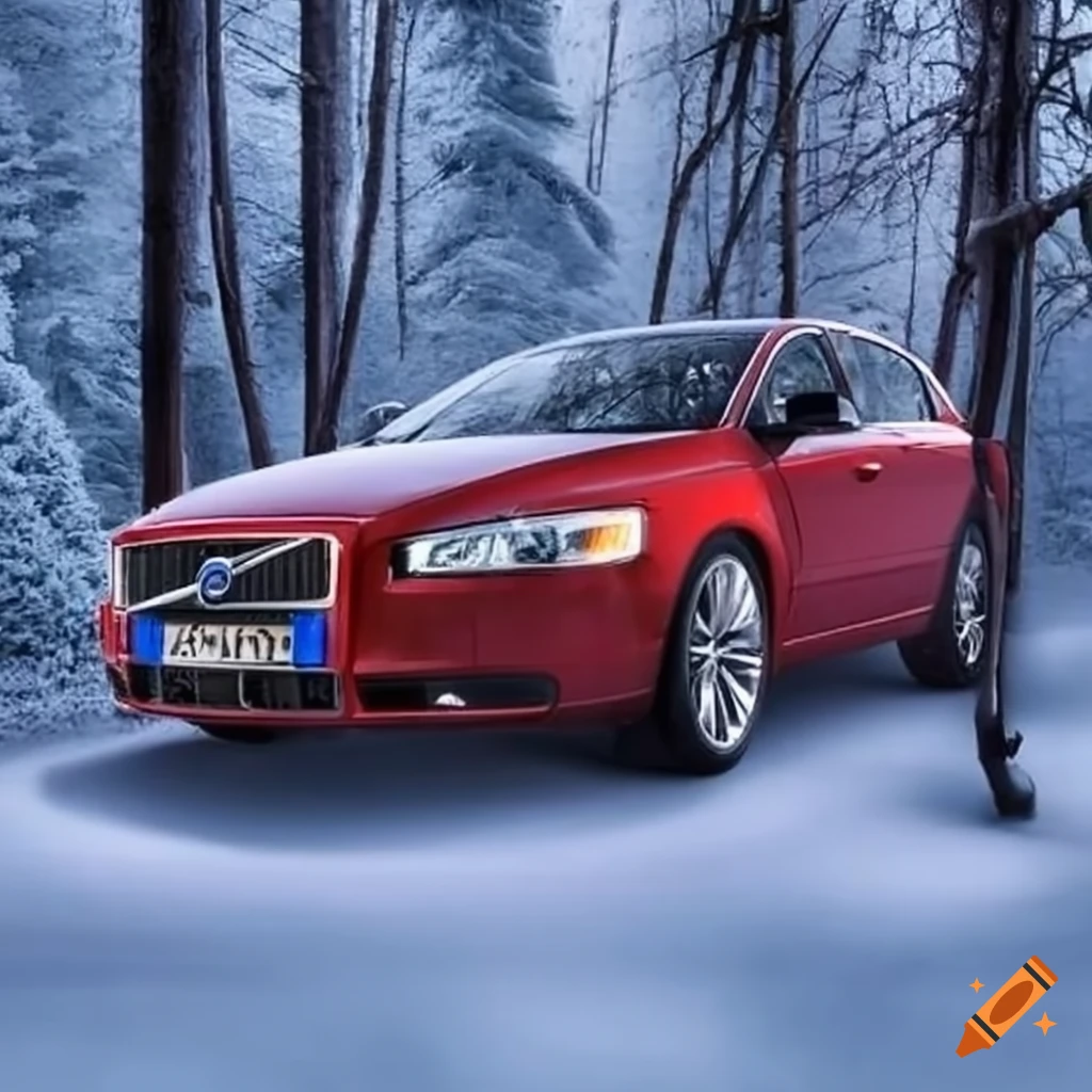 Red Volvo S80 sedan in a frosty mountain forest on Craiyon