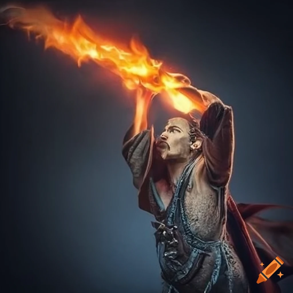 Sorcerer throwing a fire bolt in a mystical scene on Craiyon