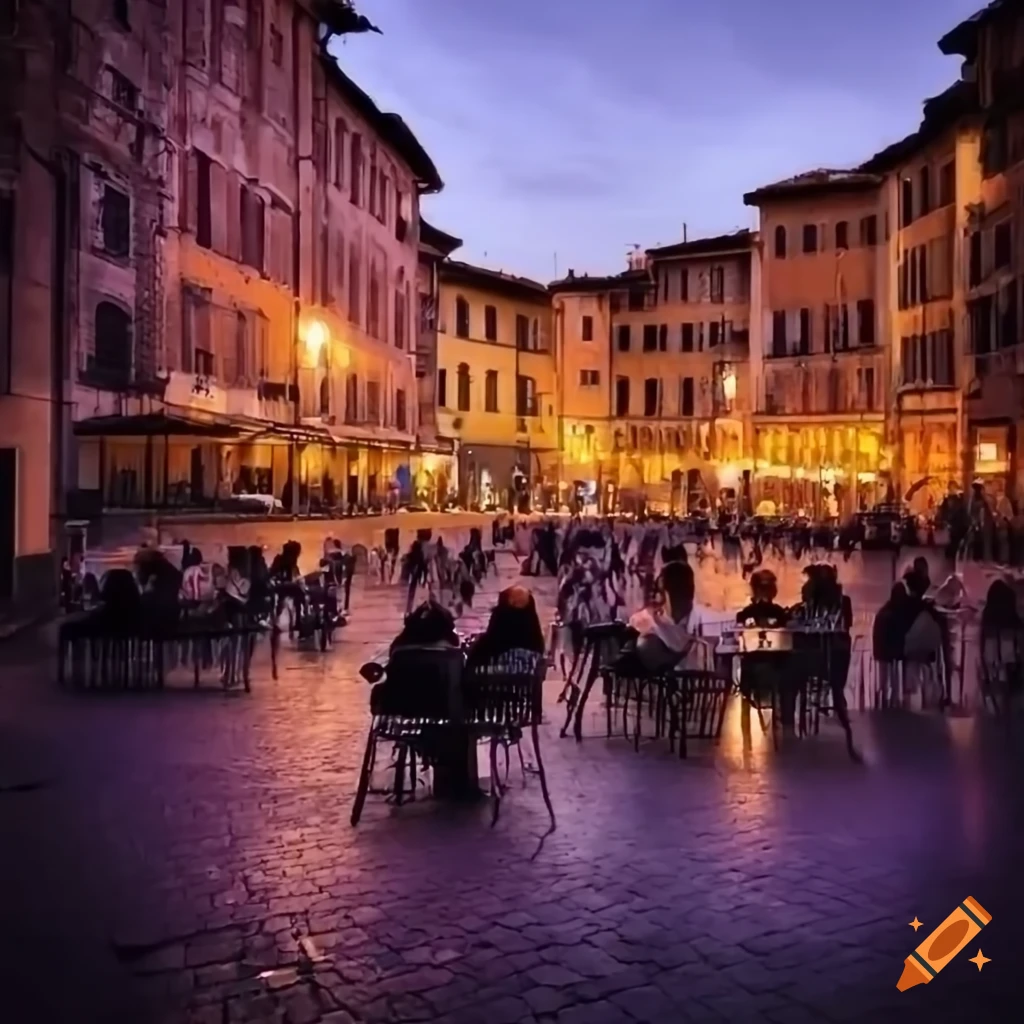 Evening in market square of an italian city with people in cafeterias