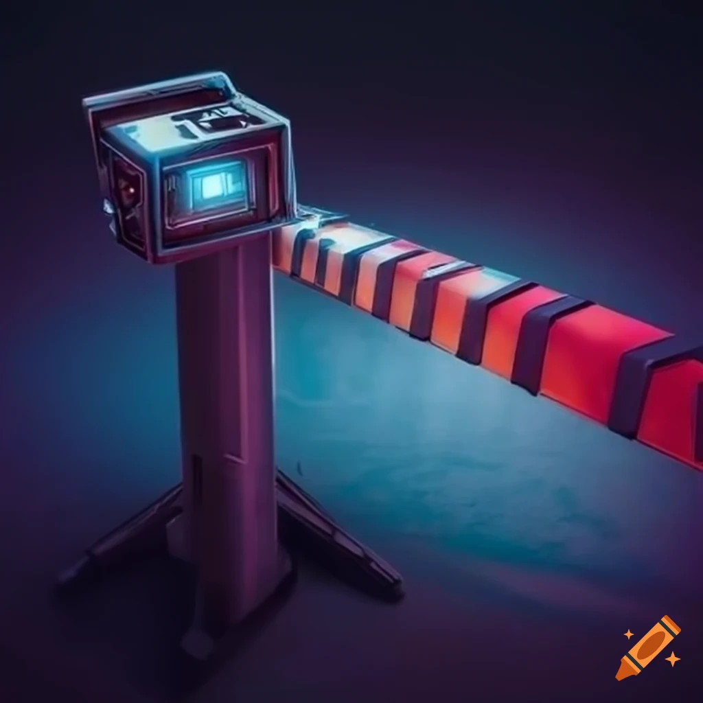 Cyberpunk sci-fi style closed road traffic barrier sign