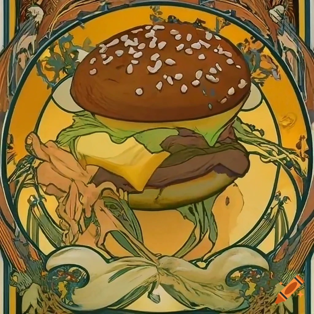 Illustration of a cheeseburger and fries in the style of Alphonse Mucha ...