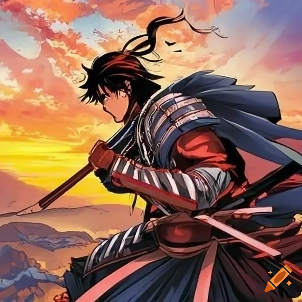Samurai looking towards the sunset in a close-up comic illustration