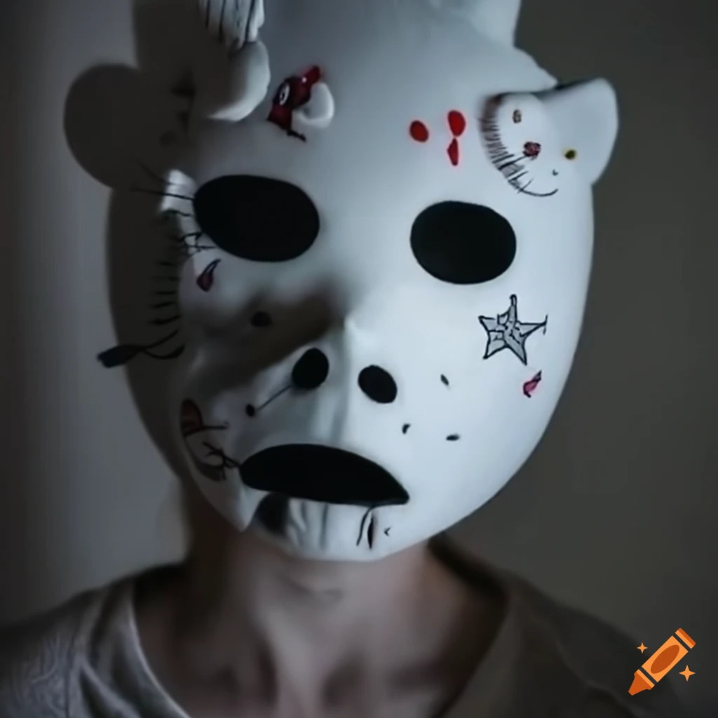 Eerie haunting portrait of person in Hello Kitty mask staring into ...