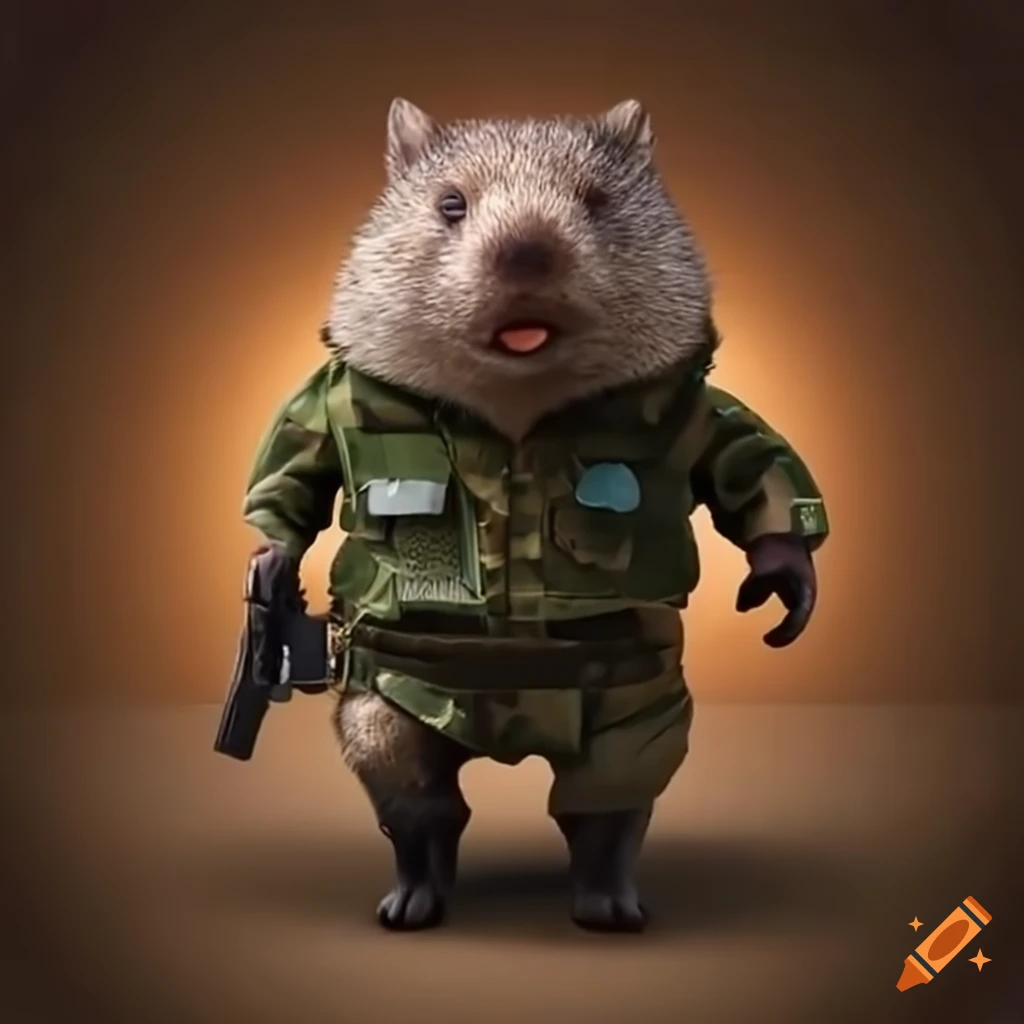 Cute and quirky wombat in army garb walking with a toy rifle on Craiyon