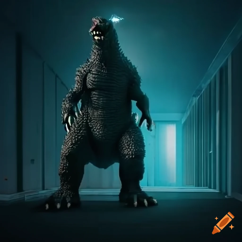 Large reptilian monster in a dimly lit liminal space room