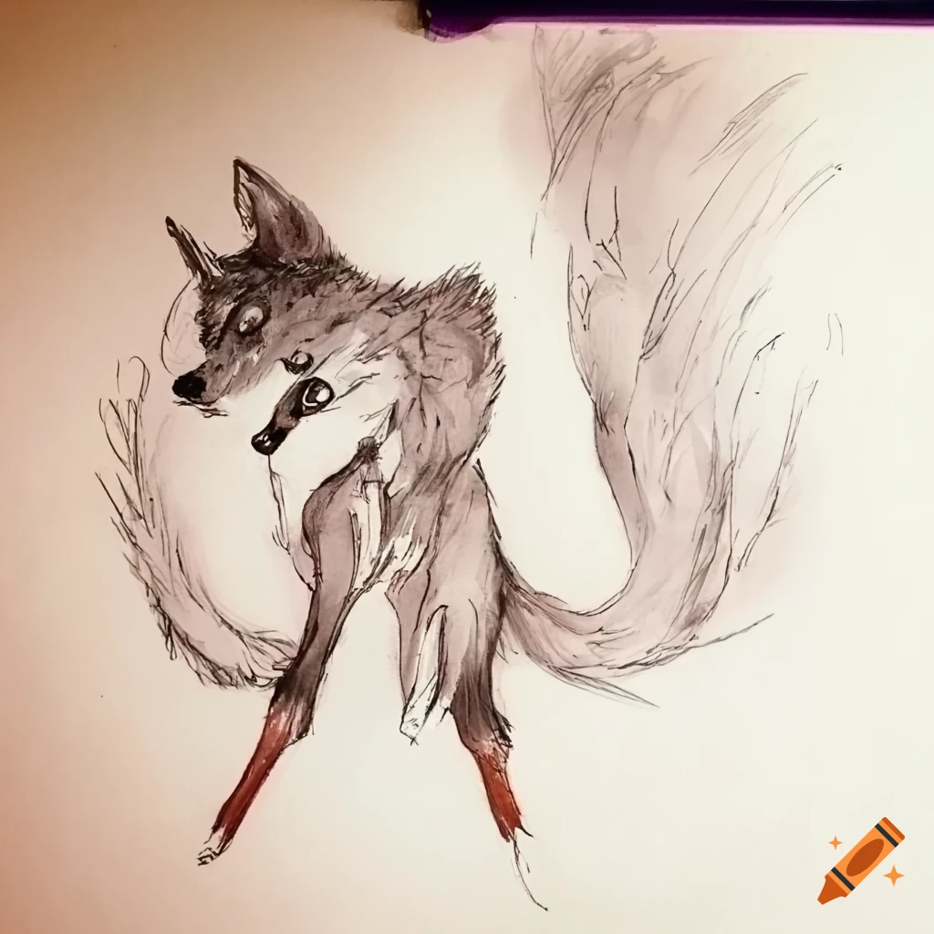Skinny and fluffy female wolf character in manga and watercolor style ...