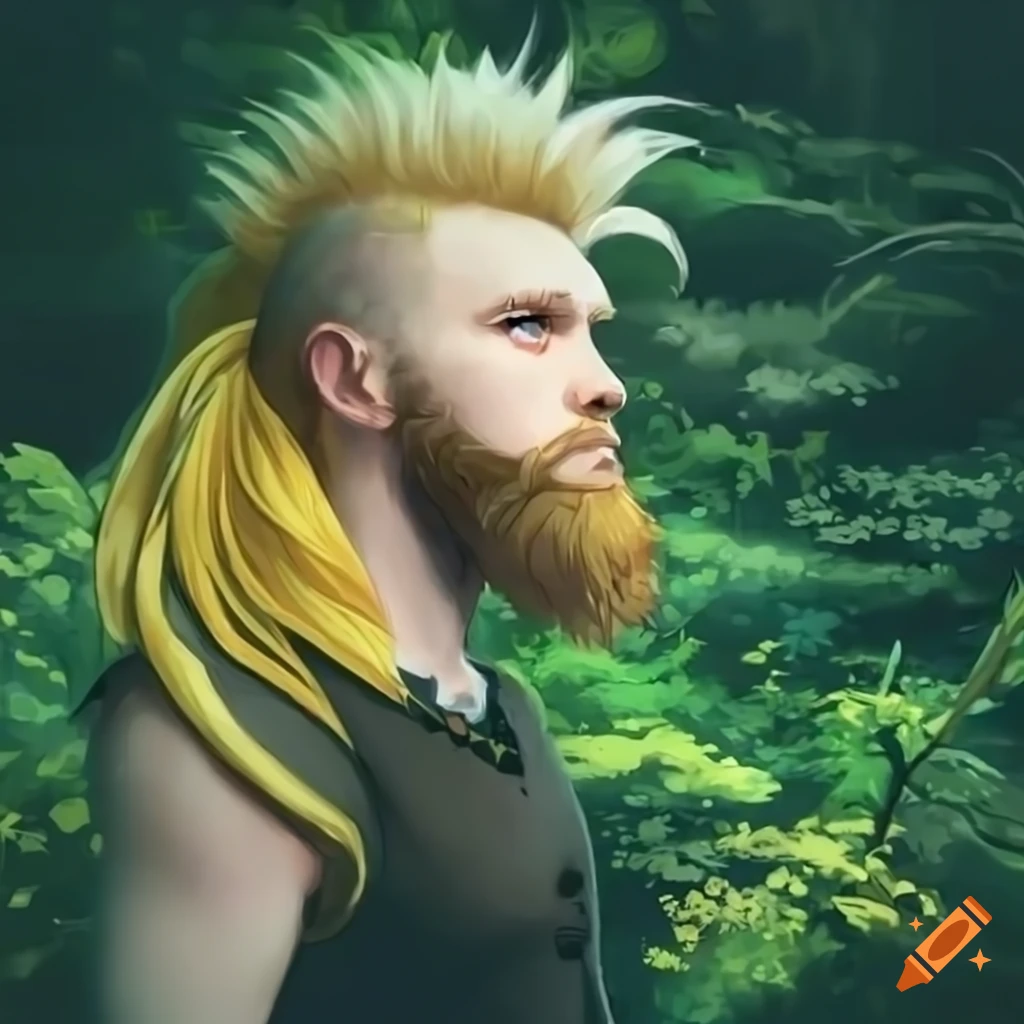 Blond mohawk bearded anime wanderer surrounded by magic and lush ...