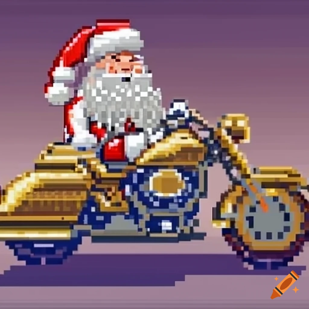 Santa Claus on a golden Harley Davidson motorcycle in pixel art style ...