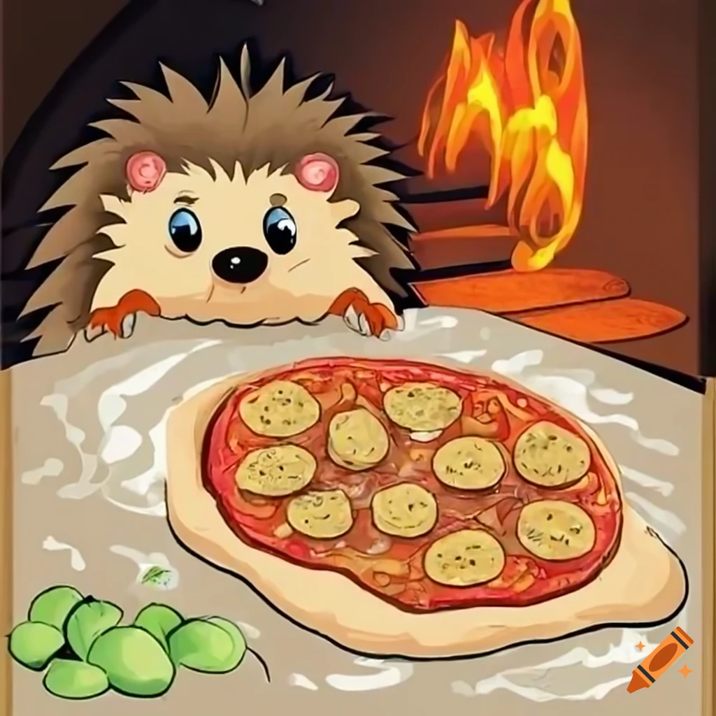 Animated hedgehog making pizza dough and baking in the oven