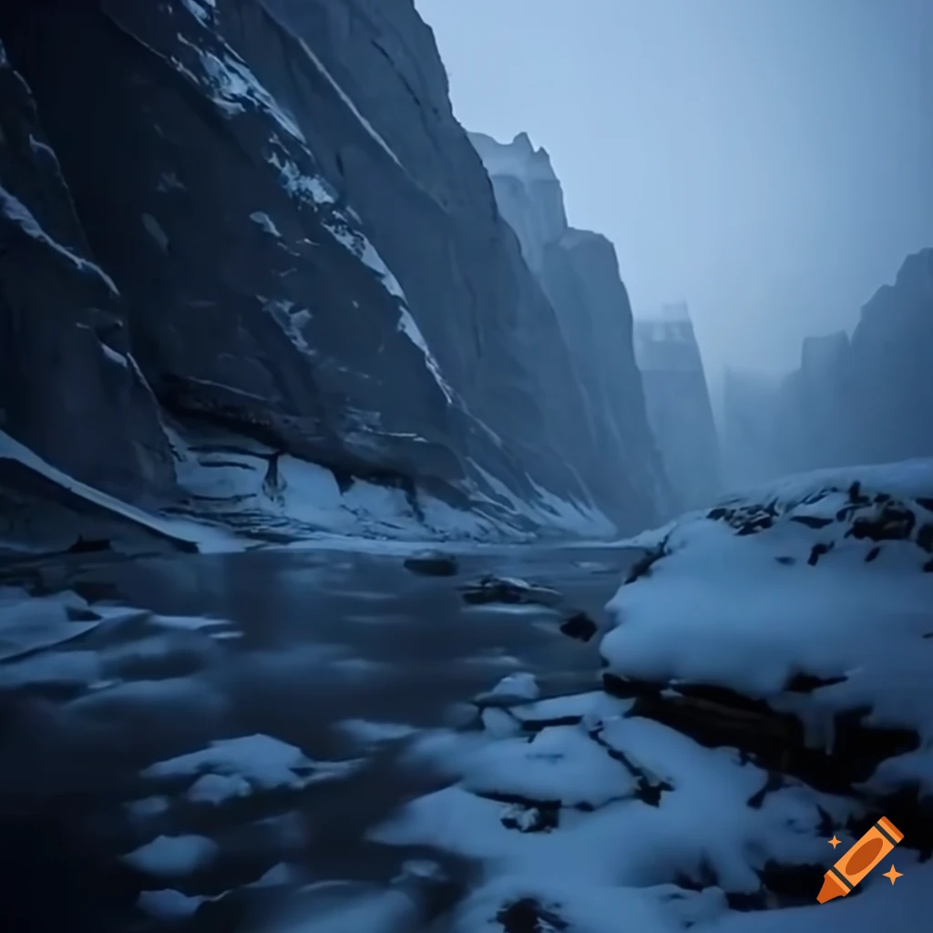 Desolate snowy mountain landscape with frozen cliffhangers on Craiyon