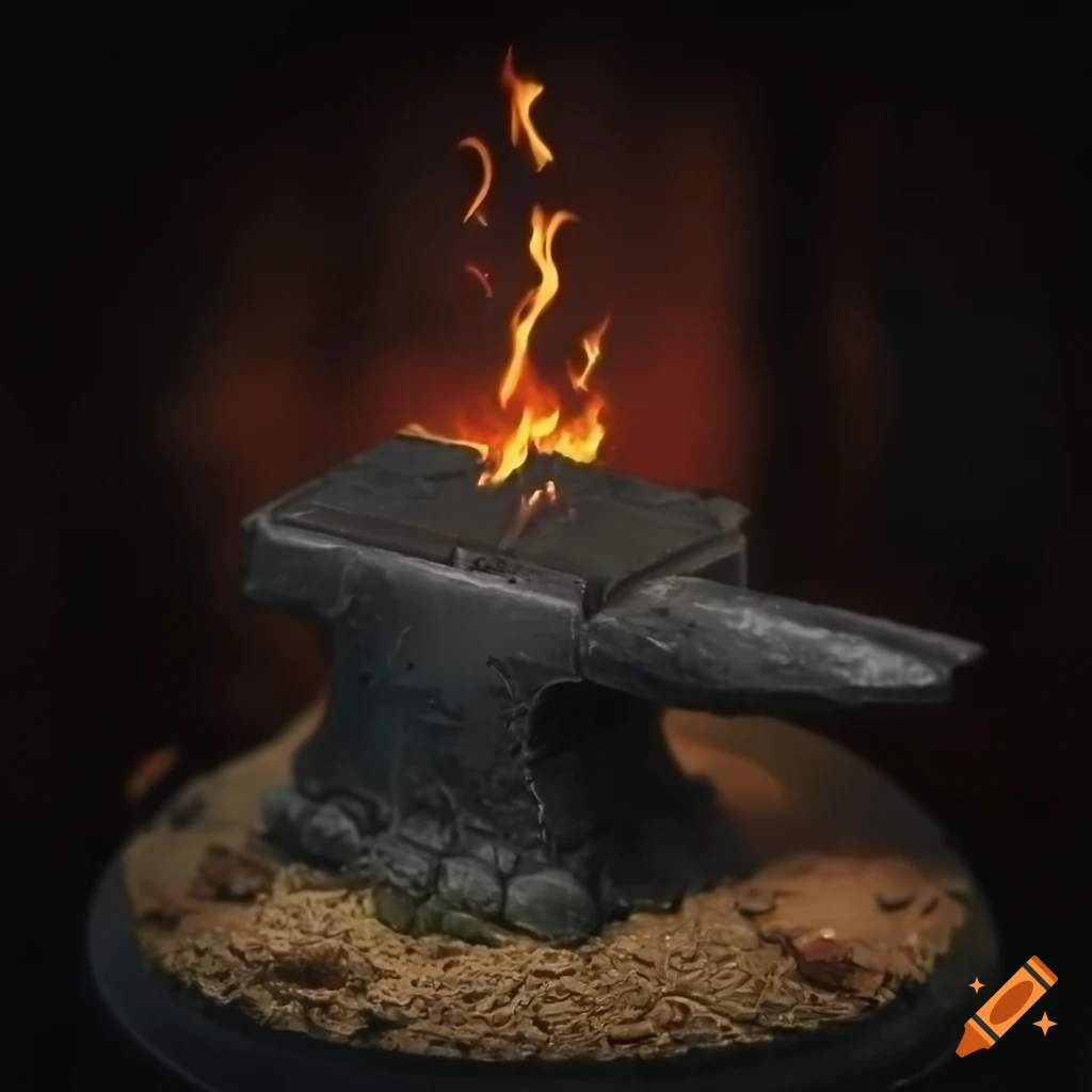 Blacksmith's anvil and fire on a warhammer base on Craiyon