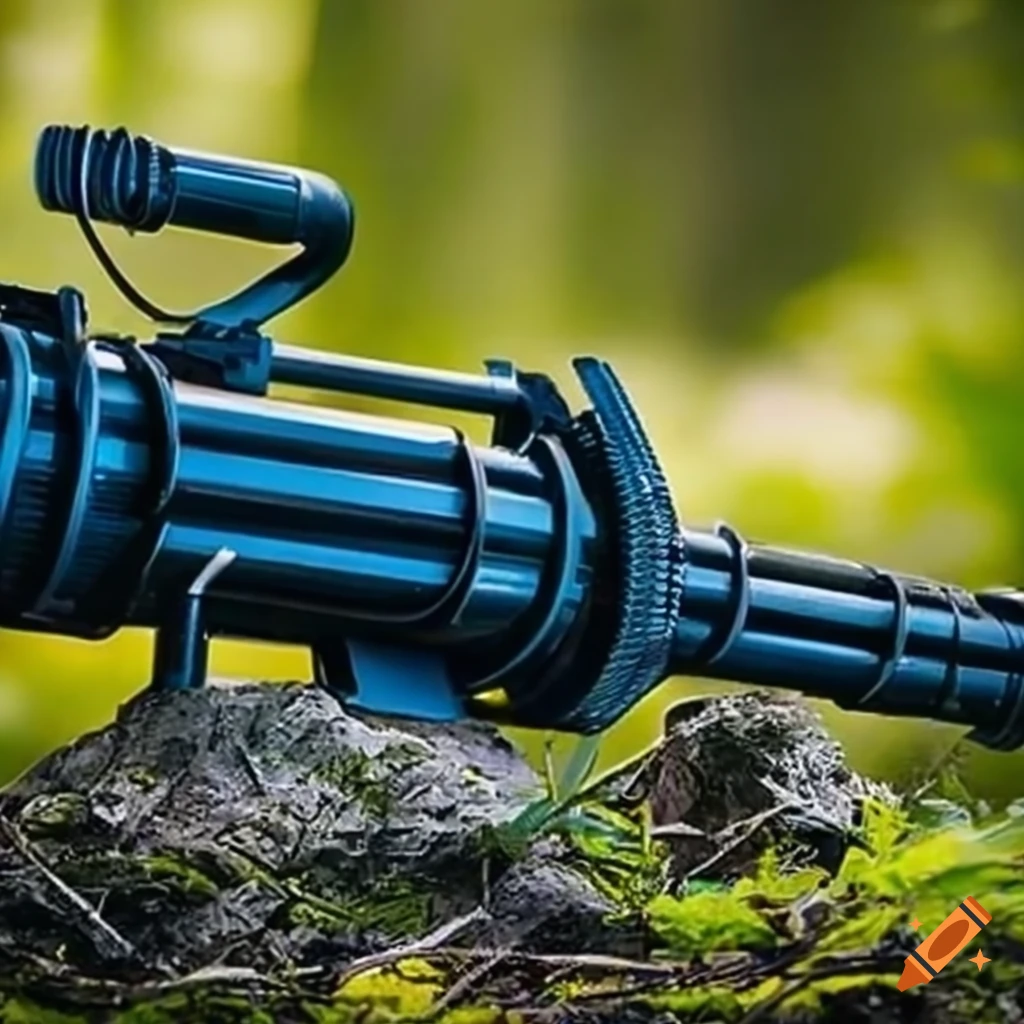 Closeup of a modern minigun lying on forest ground on Craiyon