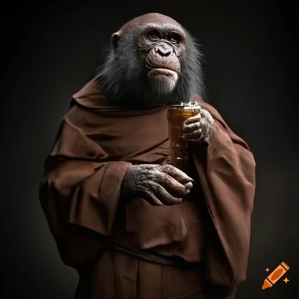 Old and wise chimpanzee wearing a monk robe and holding a beer on Craiyon