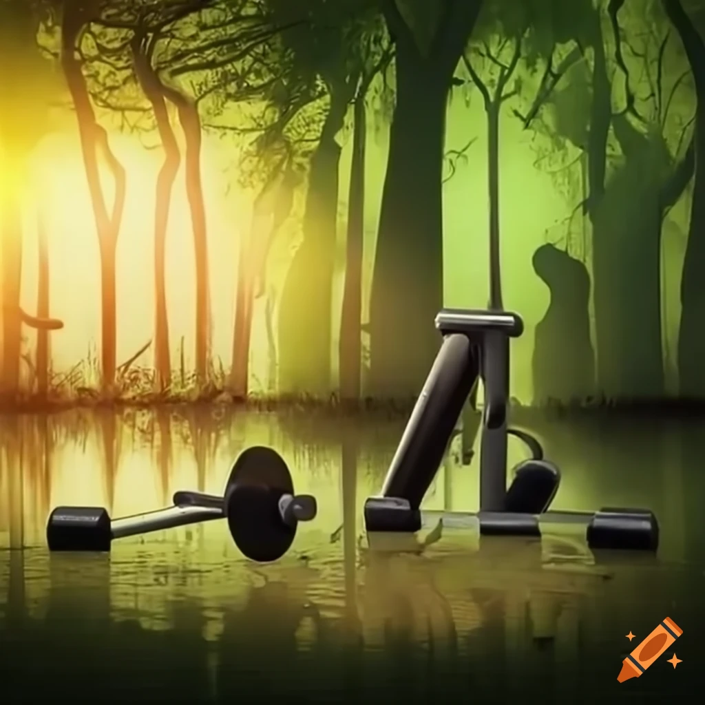 Gym with workout equipment and dumbbells in a unique environment on Craiyon