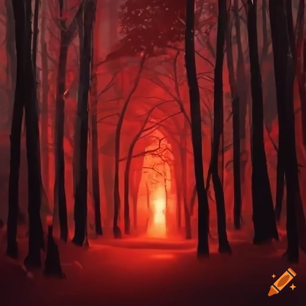 Snowy forest with shining red light in a realistic setting