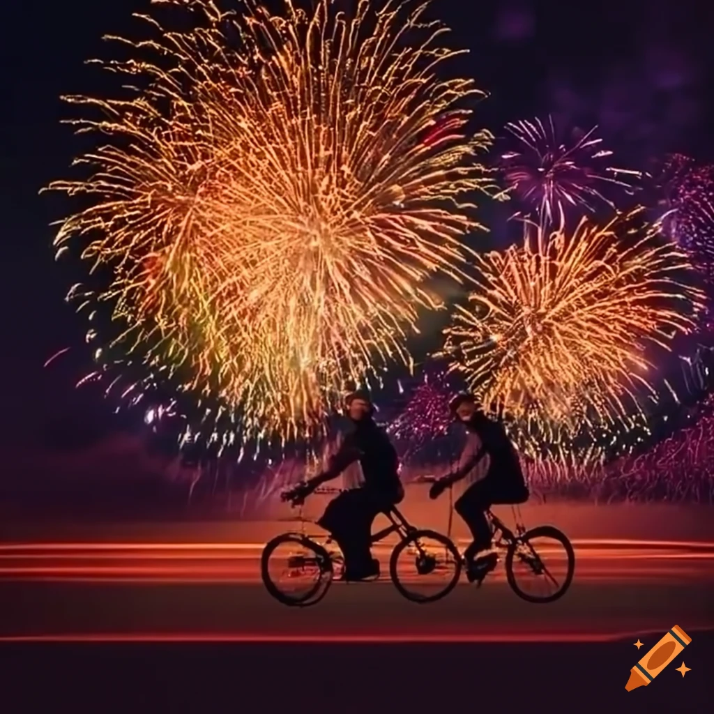 Bicycles riding at night with fireworks in the sky on Craiyon