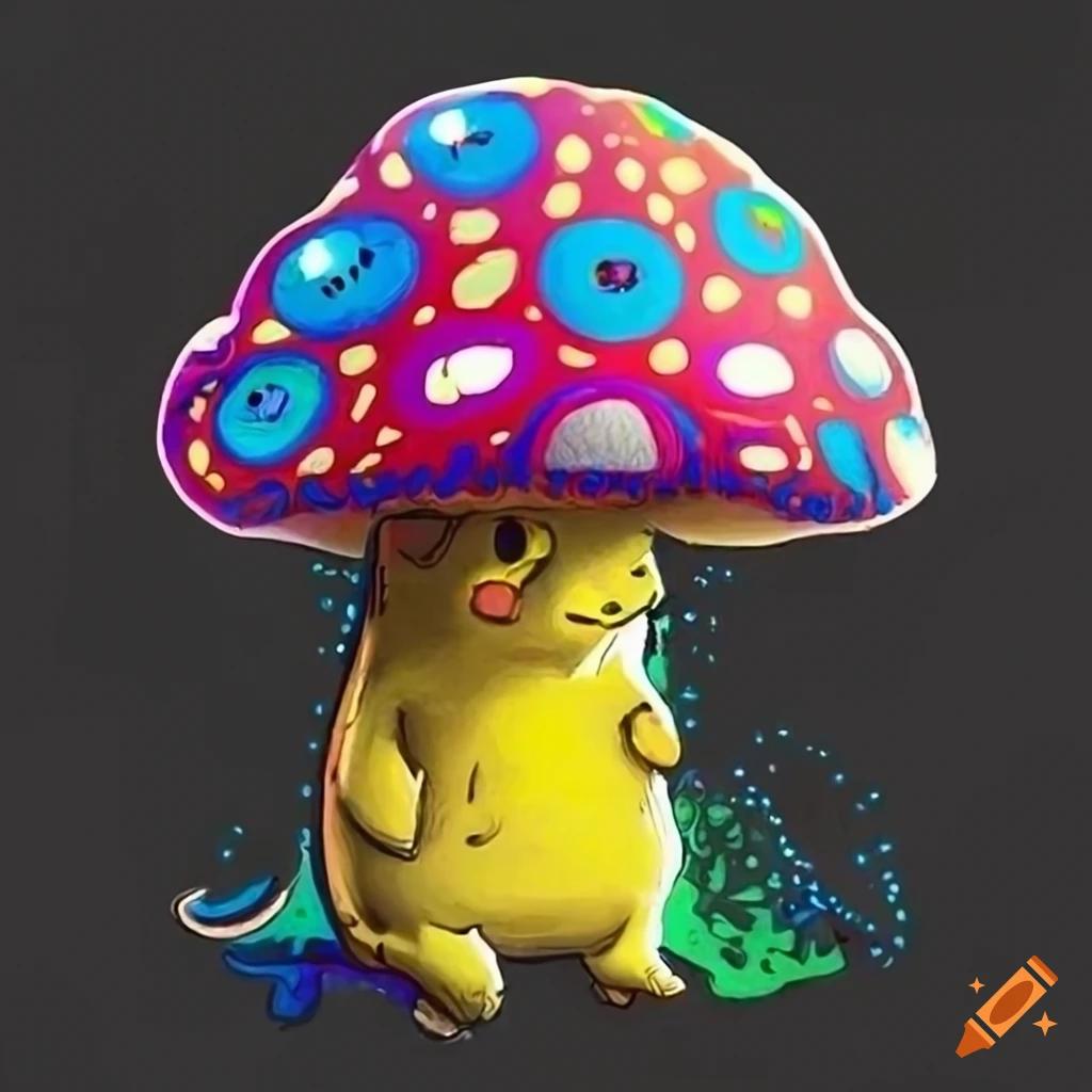 Psychedelic pikachu with mushrooms in a colorful artwork