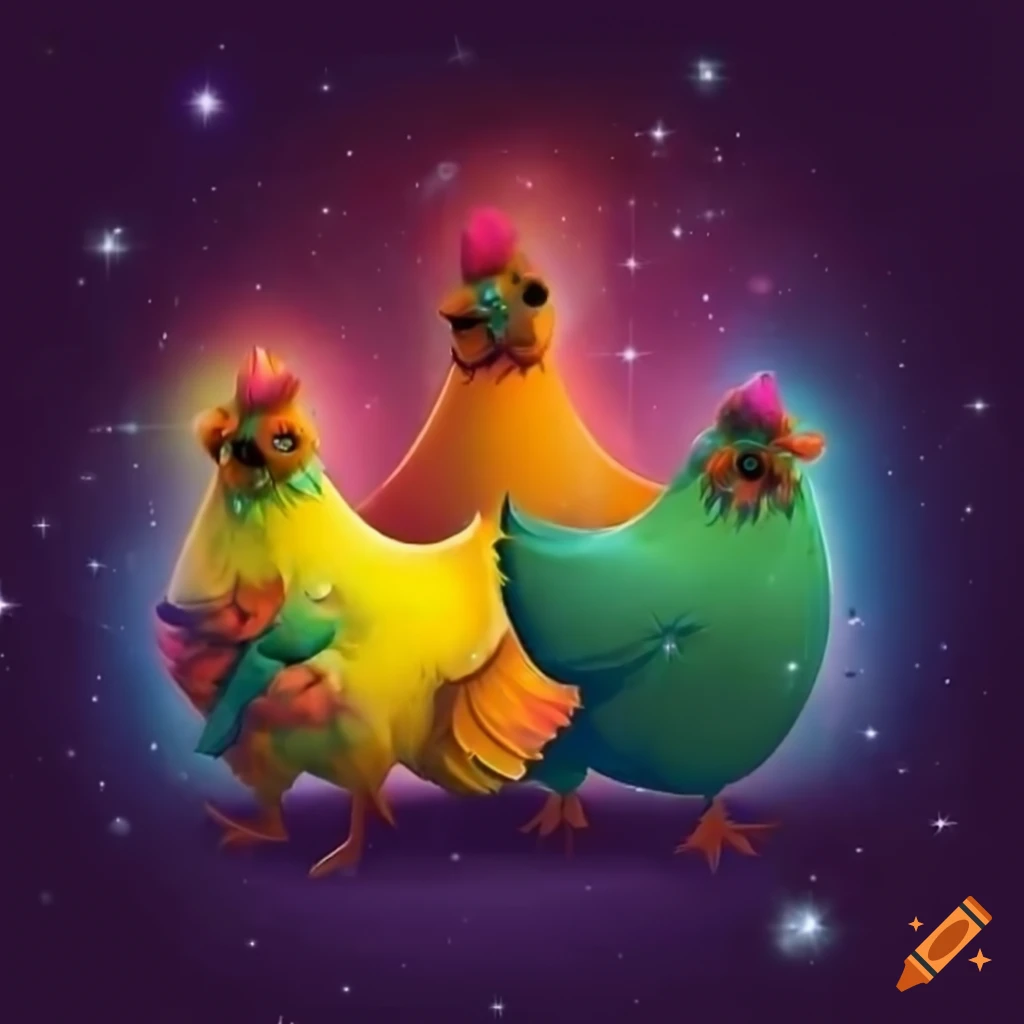 Three chickens under a starry night sky in a space setting on Craiyon