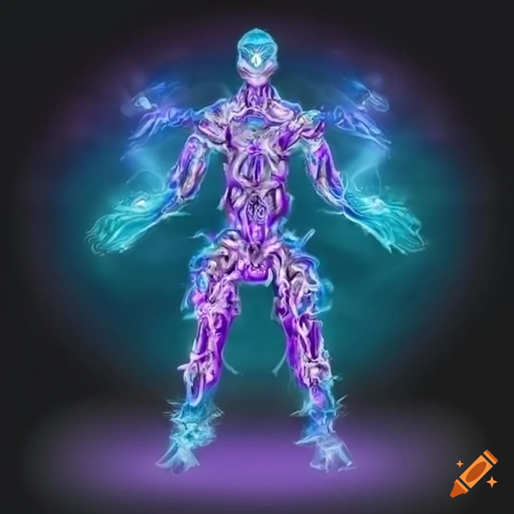 Humanoid elemental made of blue and purple magic energy with runes on ...