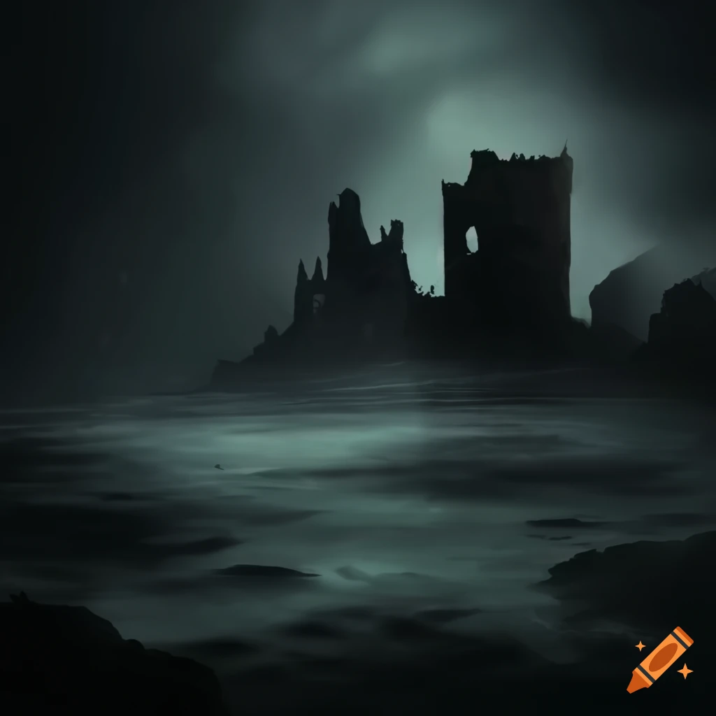 Ruined castle with swirling shadows in a dark setting