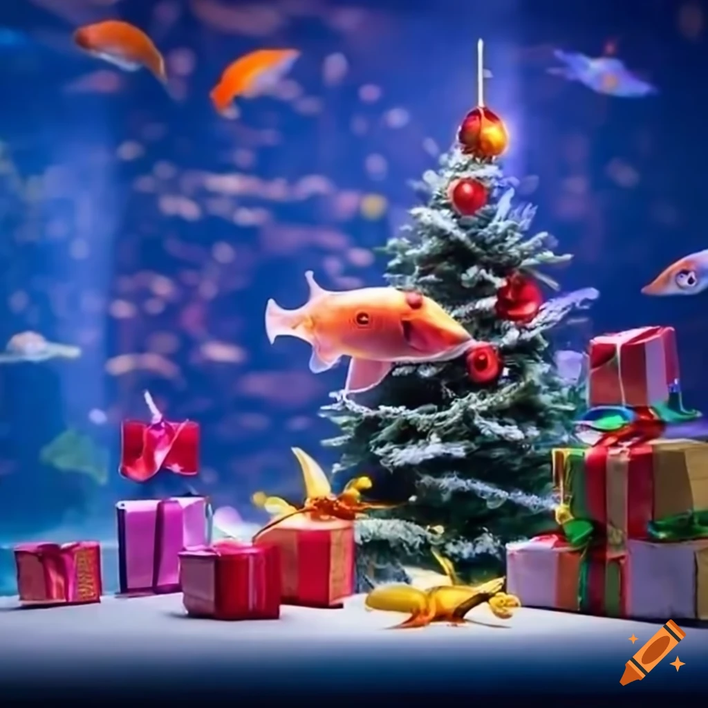 Christmas tree with presents in an aquarium with fish on Craiyon