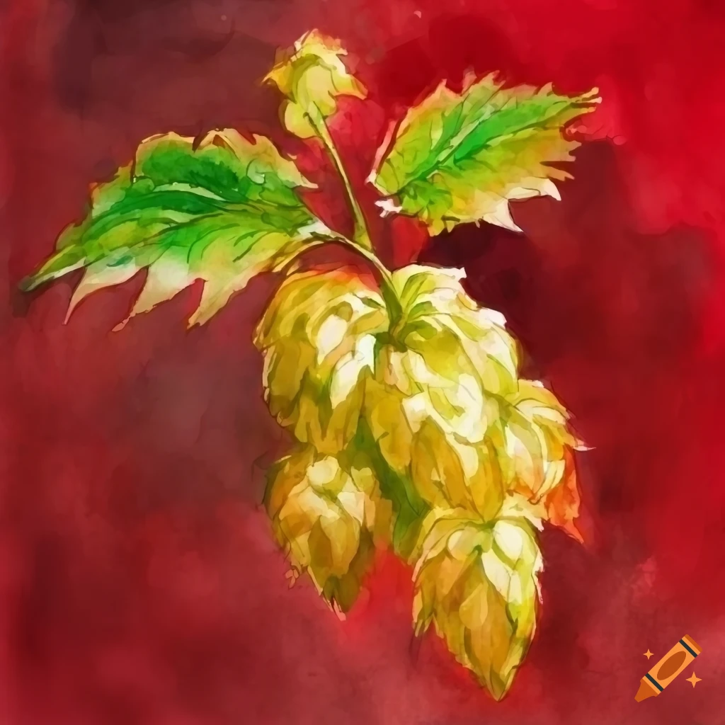 Golden hop plant on a colorful red background