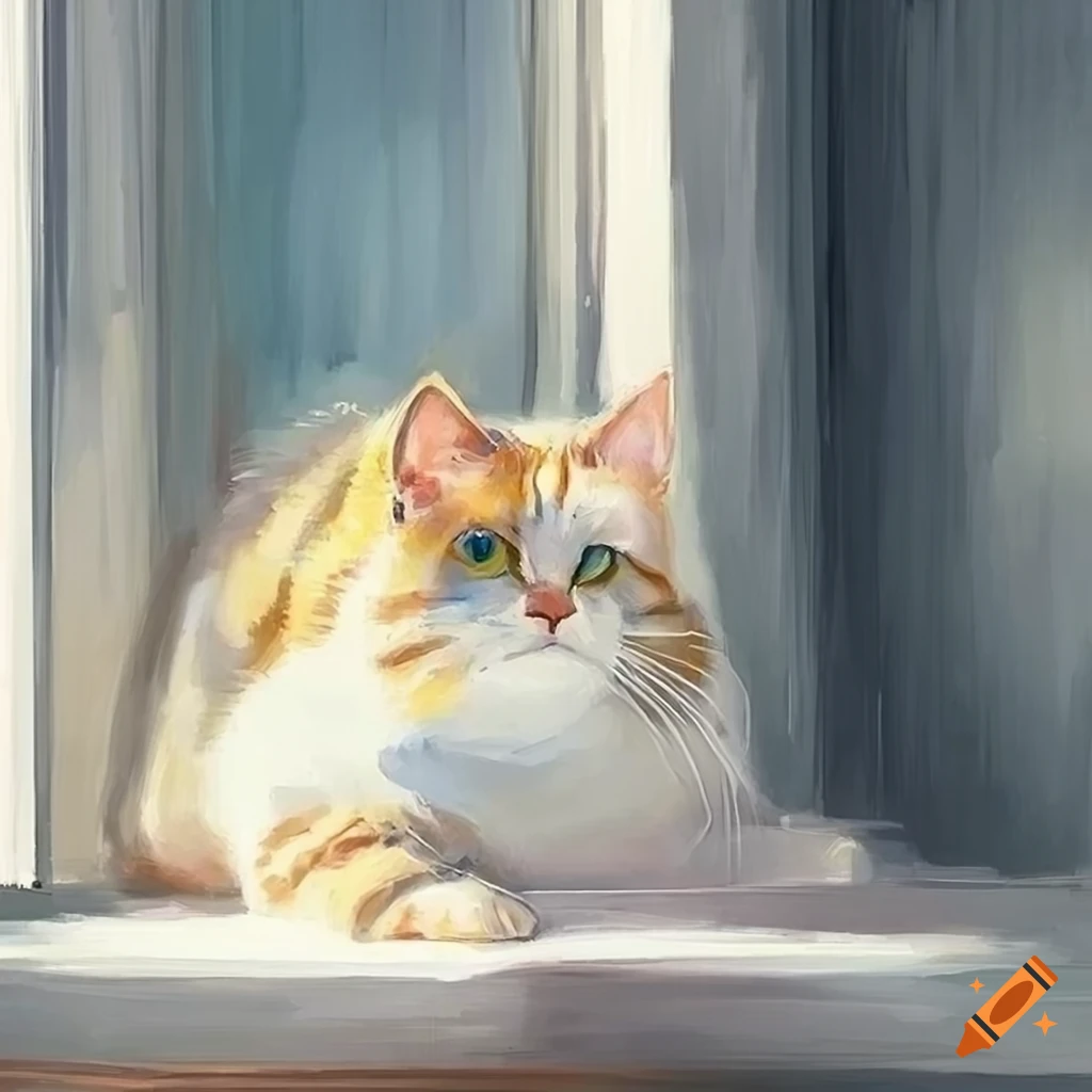 Minimalist scandinavian oil painting of a cute cat on a sunny ...