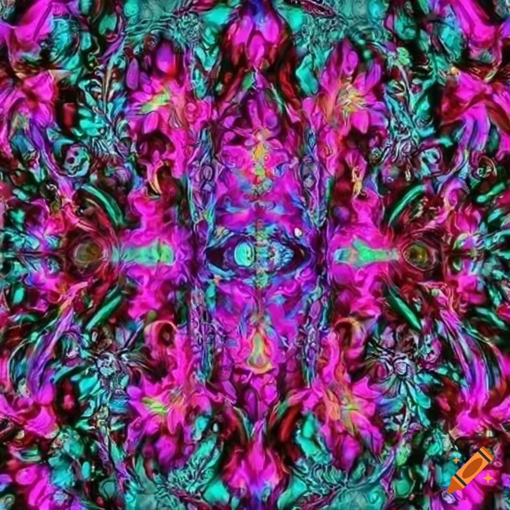 Ornamental pattern in neon red, pink, and purple colors