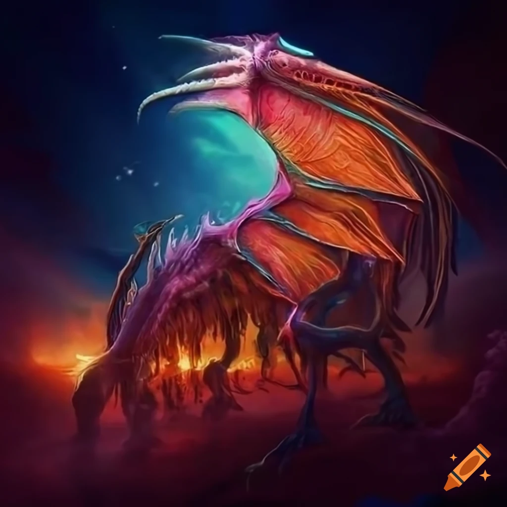 Mythical creatures descending onto planet earth in a vibrant fantasy ...