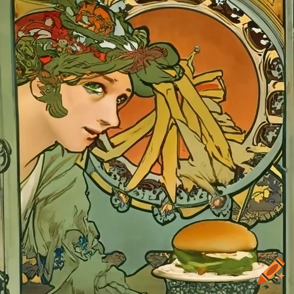 Illustration of a cheeseburger and fries in the style of Alphonse Mucha ...