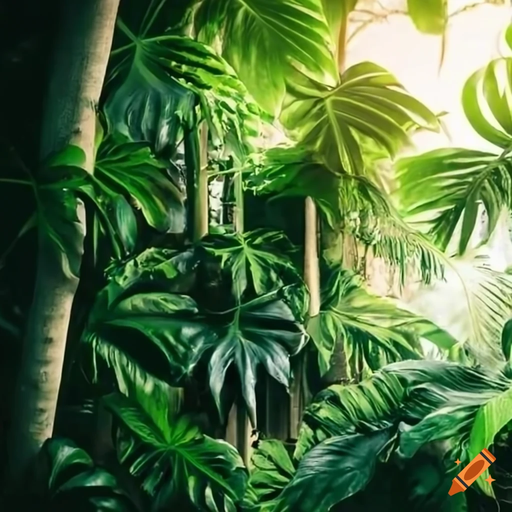 Thick jungle with monstera plants and palm trees