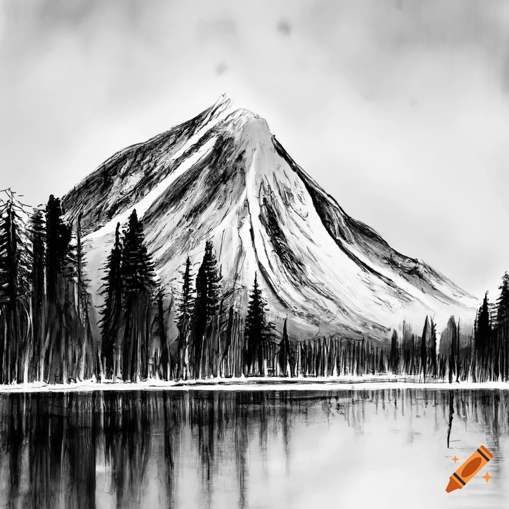 Black and white drawing of a beaver-inhabited redwood forest lake with ...