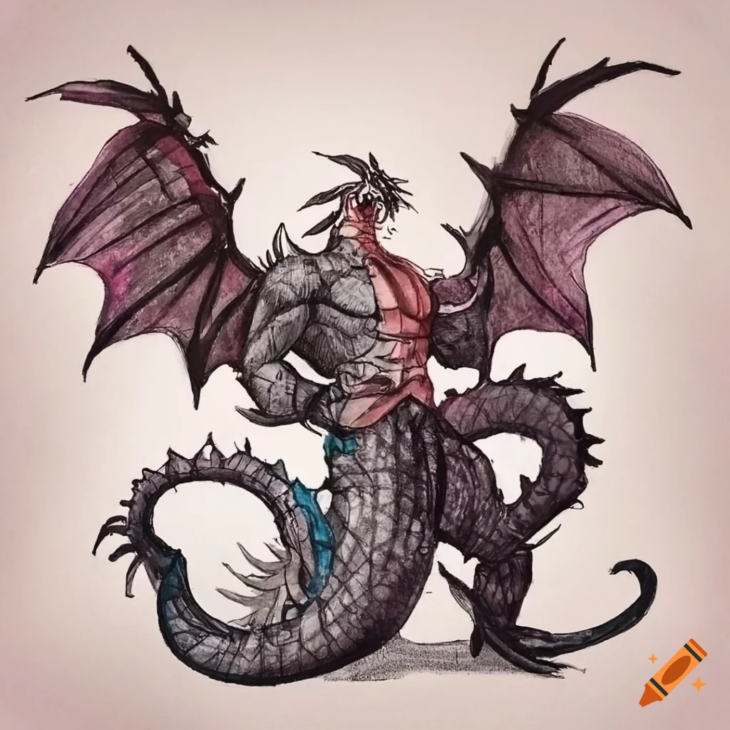 Bulky and strong male dragon character in manga ink sketch with ...