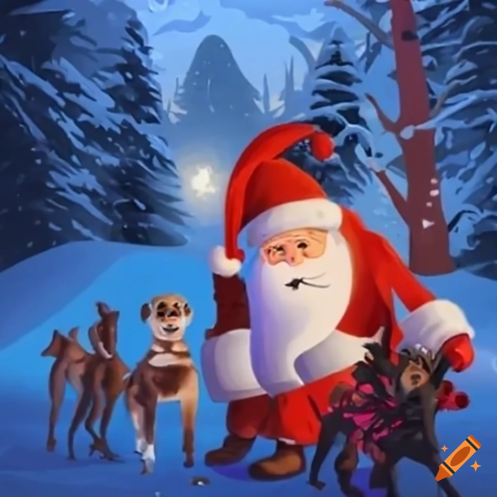 Santa Claus having winter adventures with furry friends in a beautiful ...