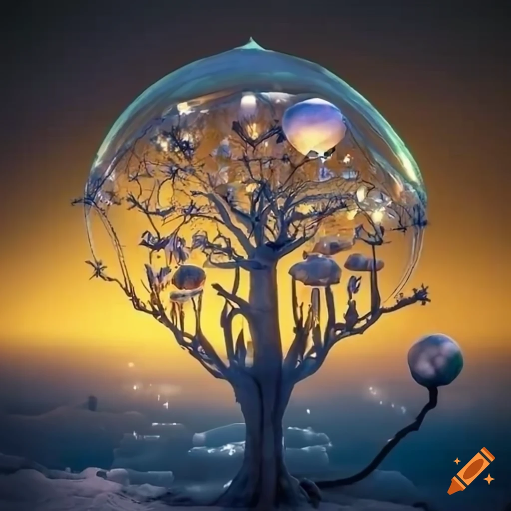 Surrealistic park with strange creatures, surreal trees, and fantastical snow crystals on Craiyon