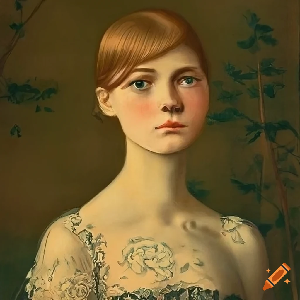 Sad girl with yellow roses in a Finnish forest, depicted in a woodcut ...
