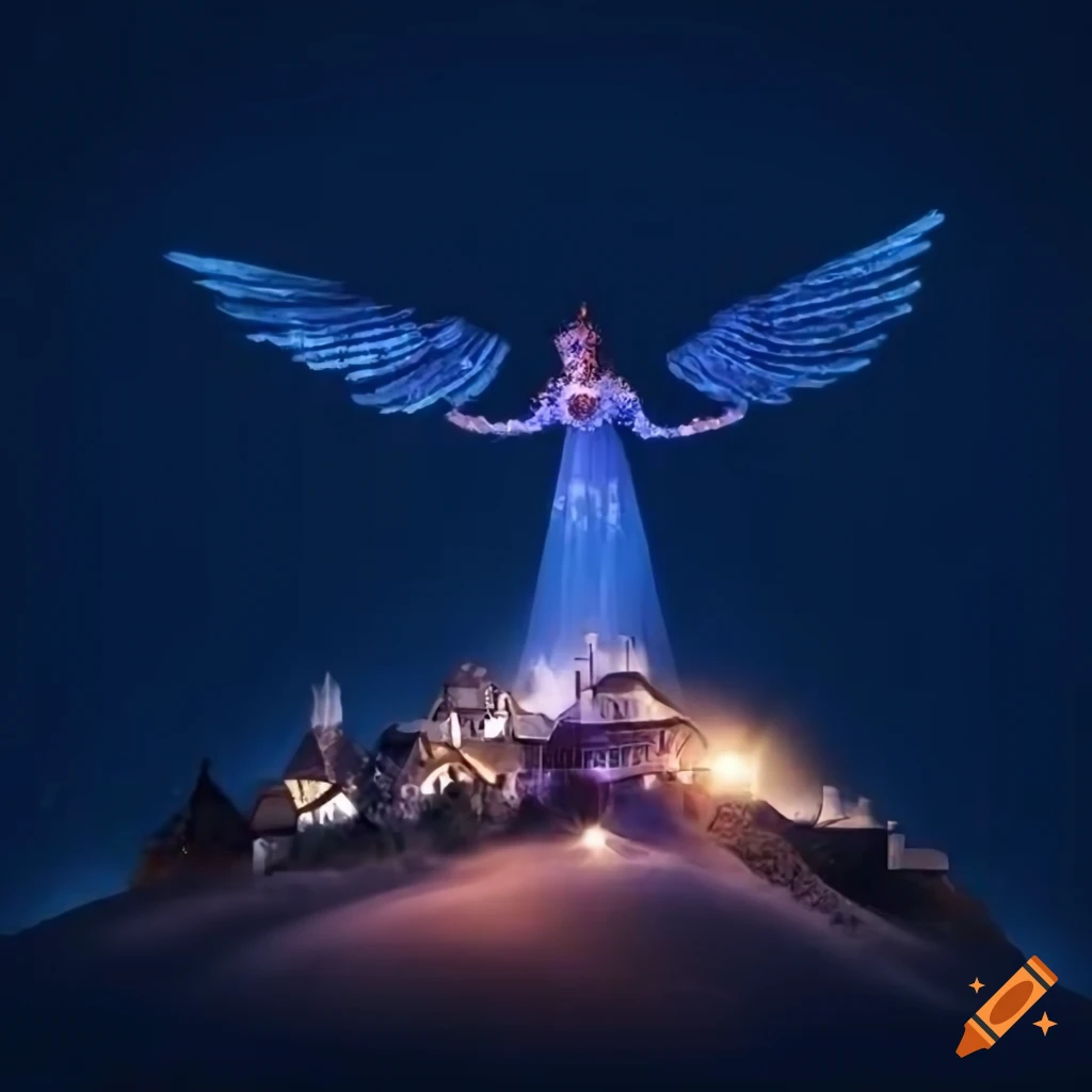 Beautiful angel flying over a village with christmas lights in the sky
