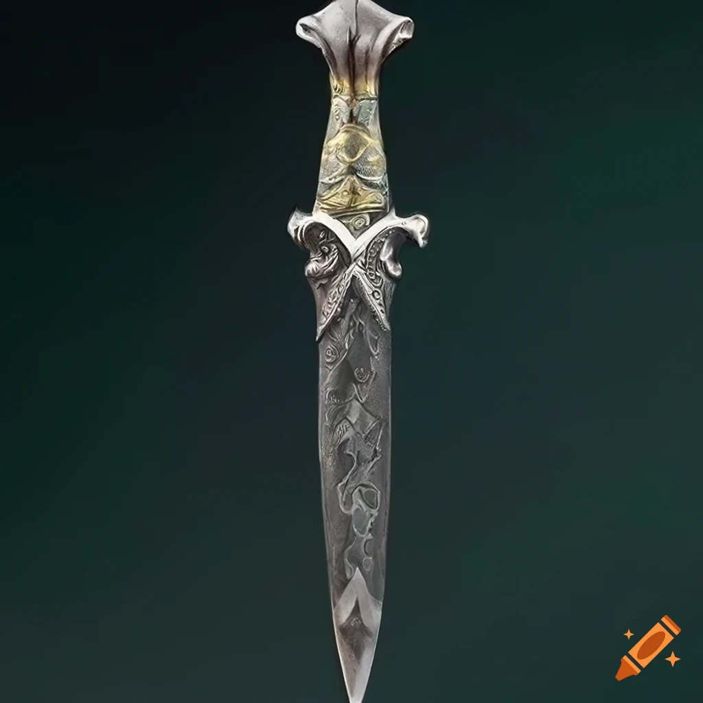 Silver-hued dagger with serpentine patterns and emerald gem at the hilt ...