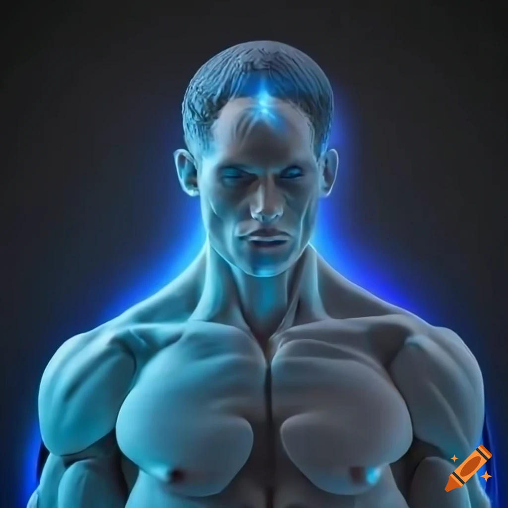 Muscular man illuminated by glowing white and blue energy on Craiyon