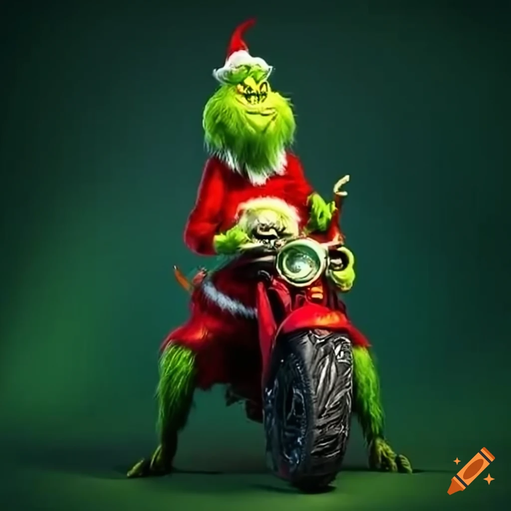 Grinch riding a motorbike