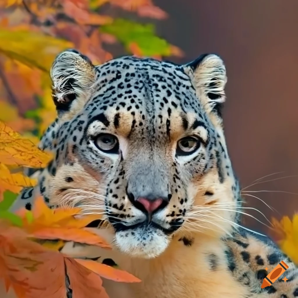 Snow leopard among autumn trees