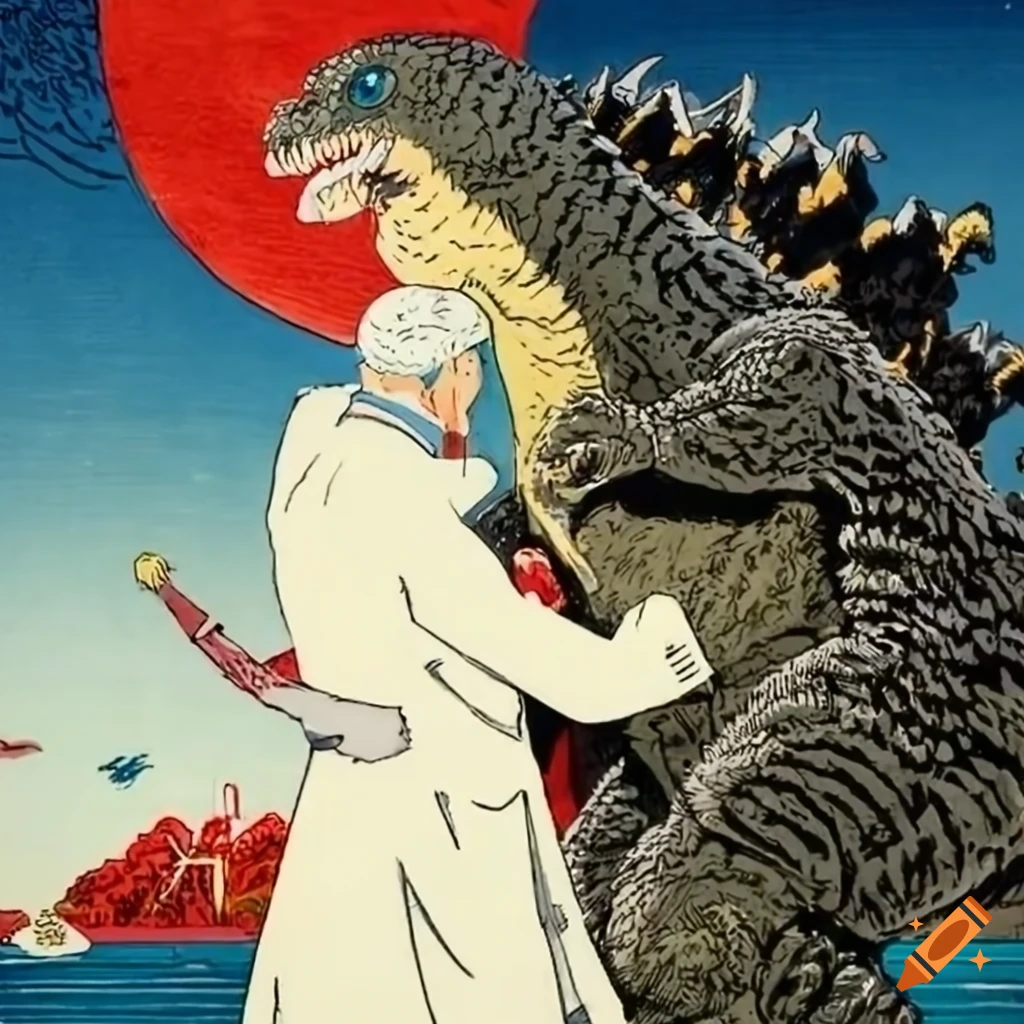 Portrait of Colonel Sanders battling Godzilla by the ocean in ukiyo-e ...