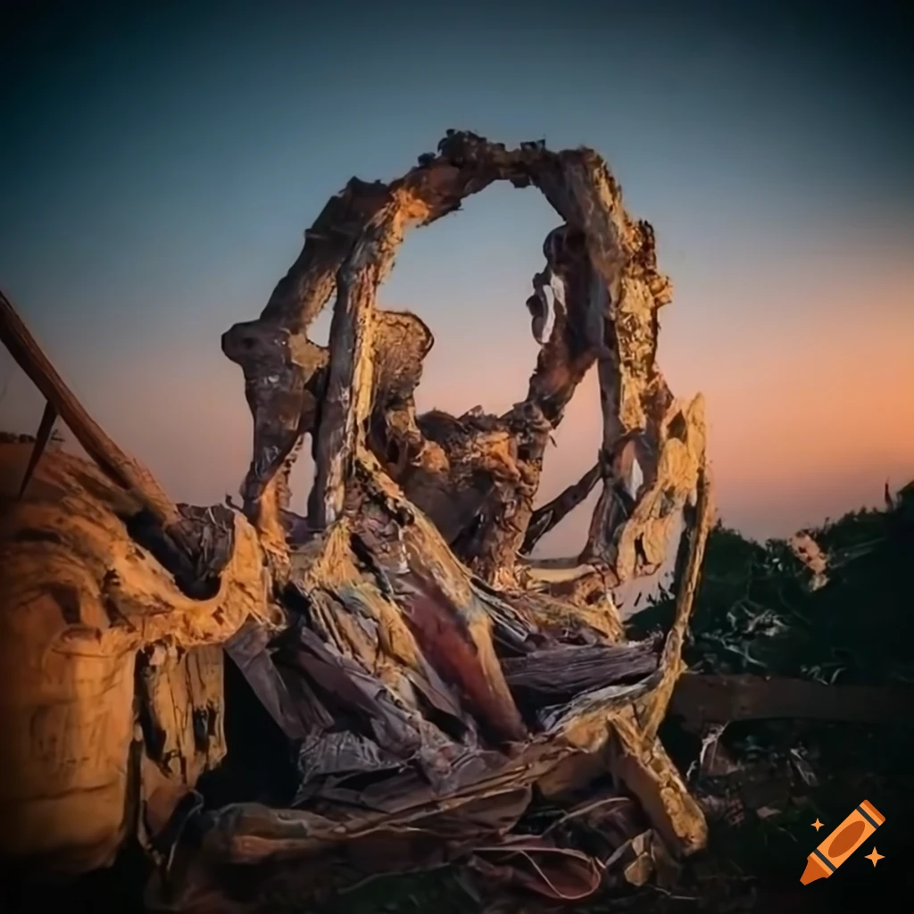Distorted figure caught in junk garbage web in a dramatic destroyed ...